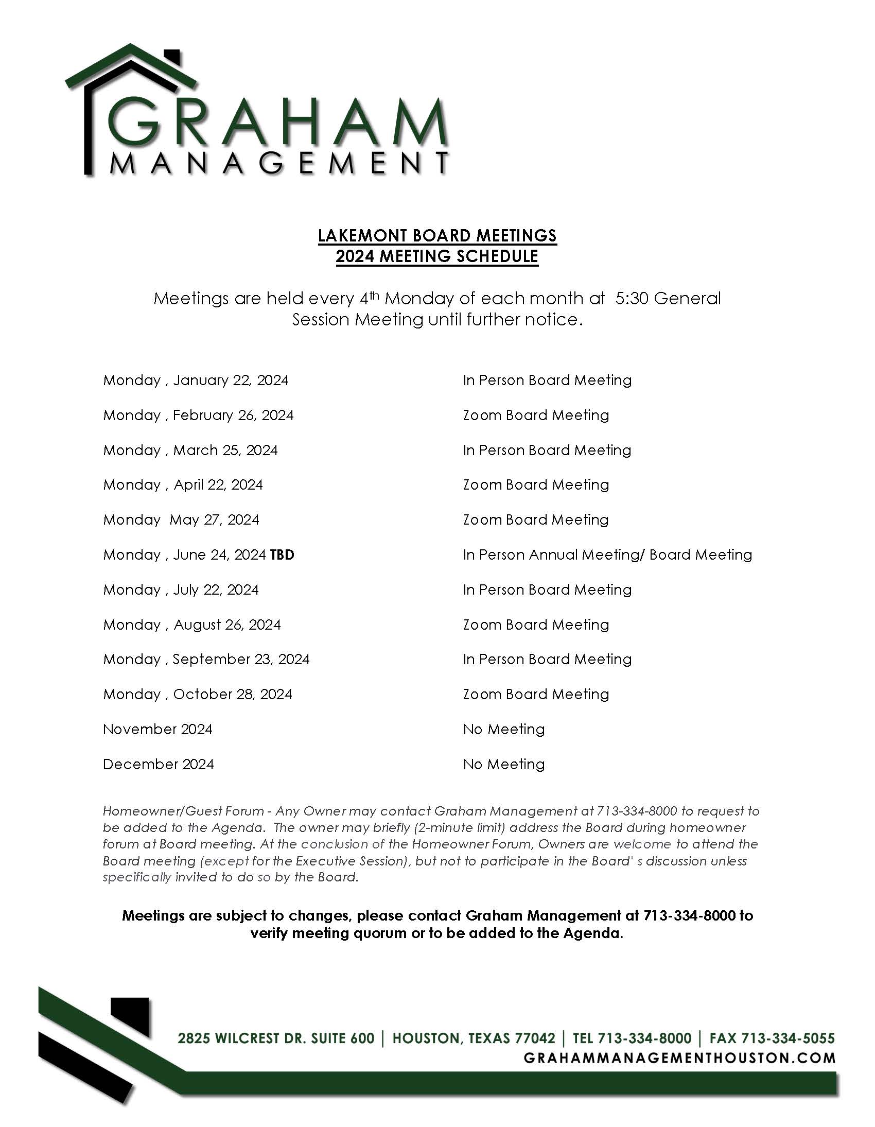 Board Meeting Schedule - Lakemont Community Association